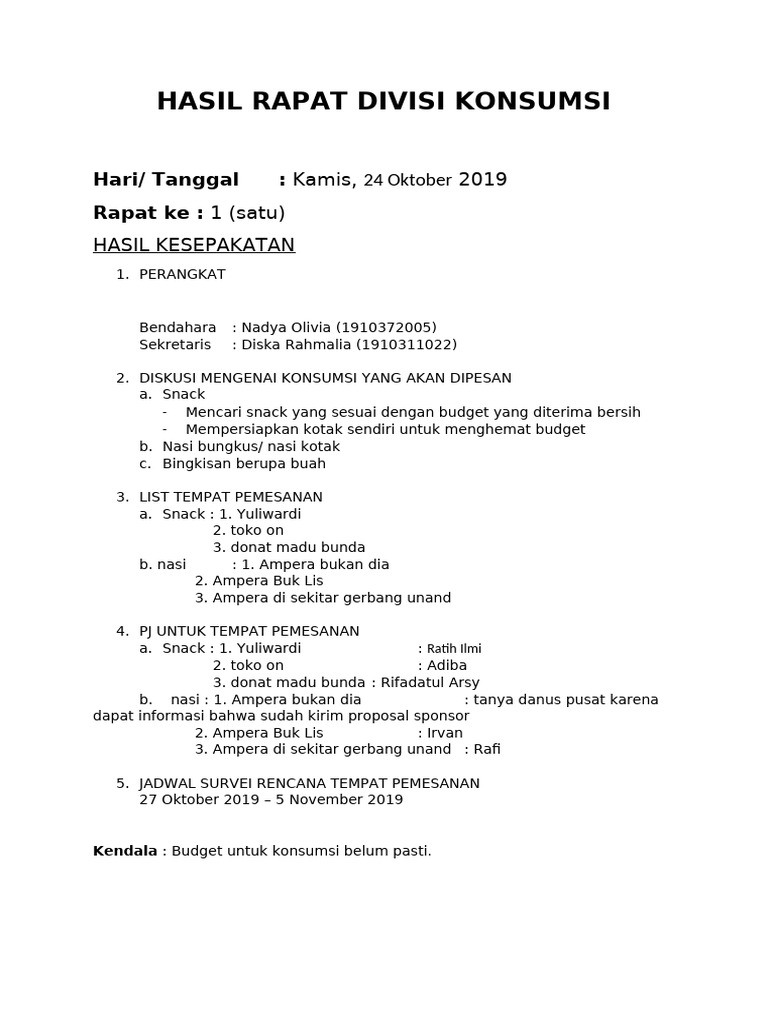 Hasil Rapat Divisi Konsumsi 1 | PDF
