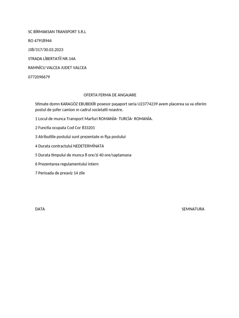 Oferta Ferma Angajare Bekir | PDF