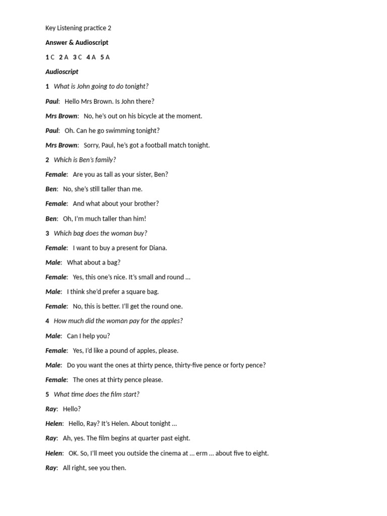 Listening Practice 2 Key and Tapescript | PDF