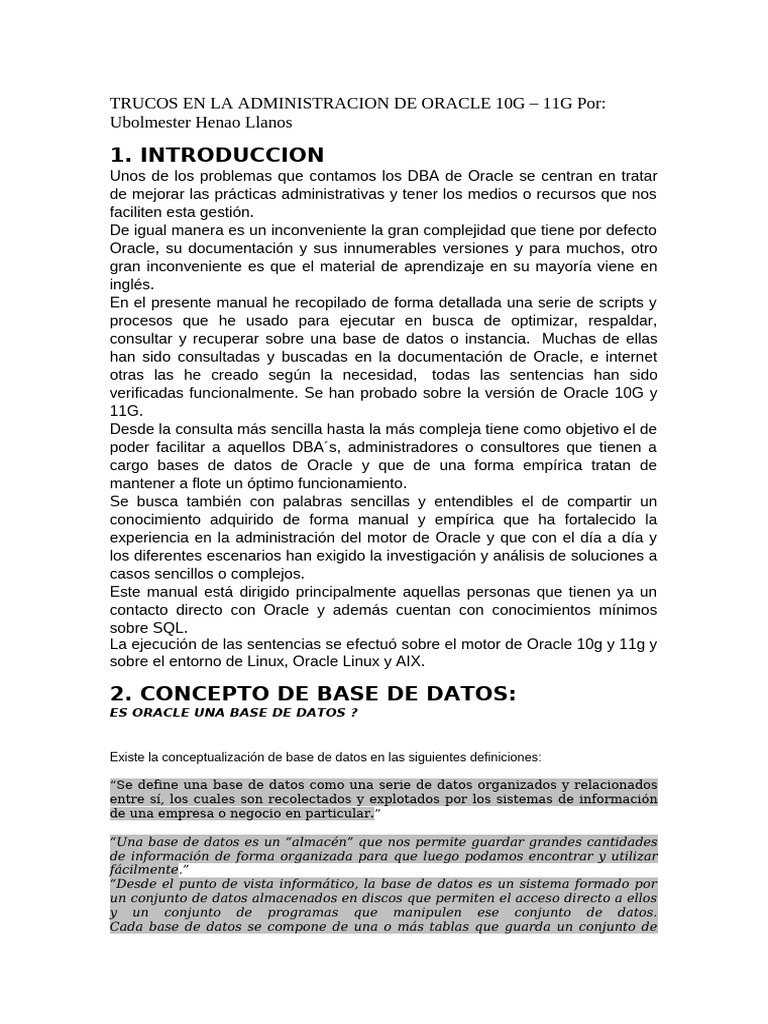 Trucos en La Administracion de Oracle 10G | PDF