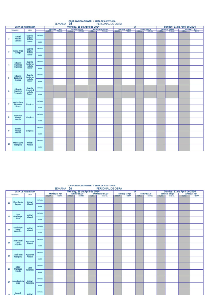 Asistencia NVB Semana No. 68 Personal de Obra | PDF