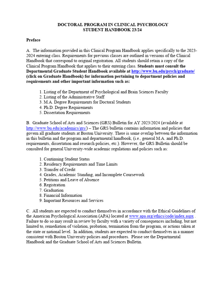 Clinical-Handbook - DOCTORAL PROGRAM IN CLINICAL PSYCHOLOGY STUDENT HANDBOOK 23:24 | PDF