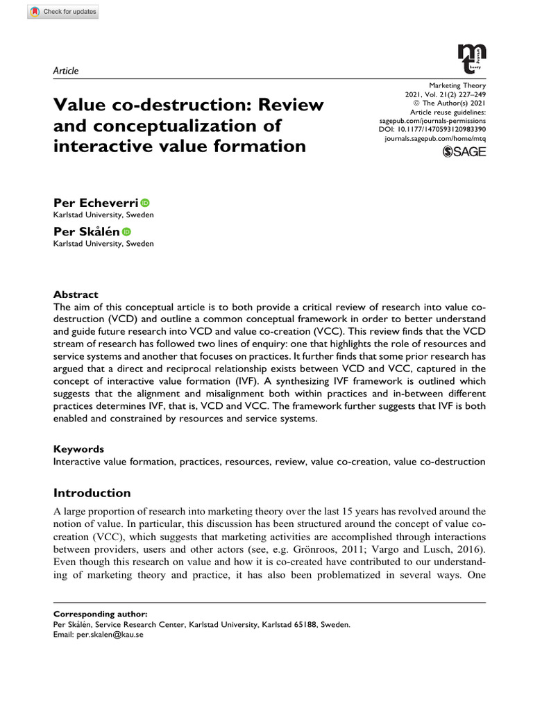 Echeverri Skalen 2021 Value Co Destruction Review and Conceptualization of Interactive Value ...