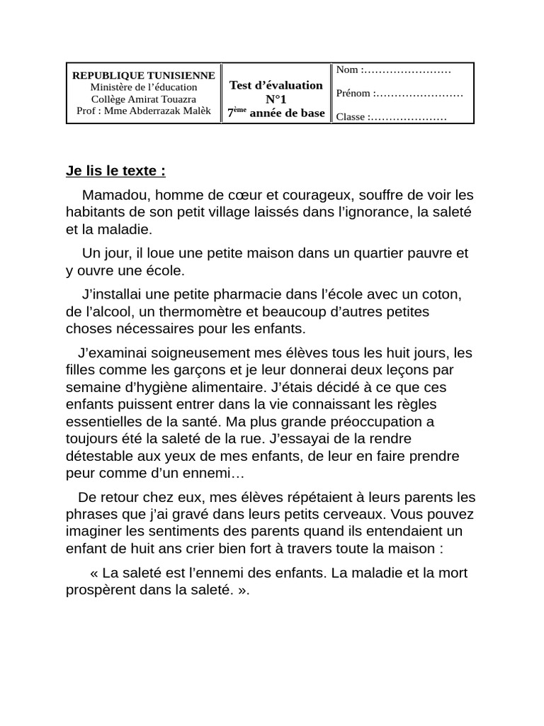 Test d'évaluation en français 7ème année | PDF