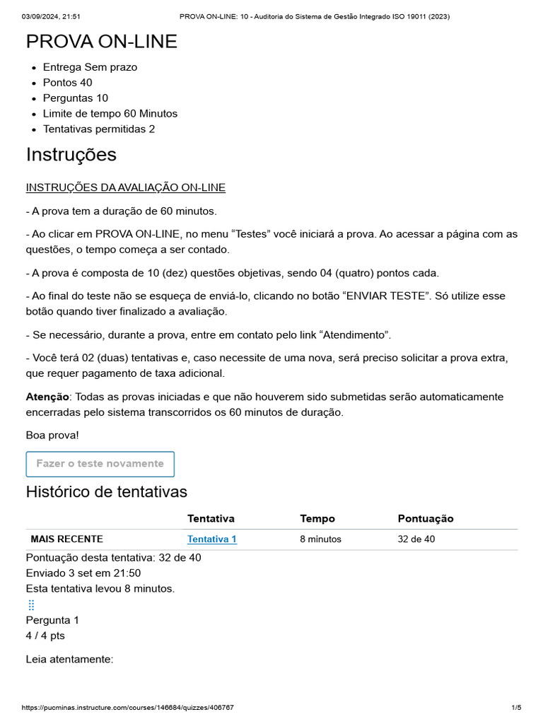 PROVA ON-LINE - 10 - Auditoria Do Sistema de Gestão Integrado ISO 19011 (2023) | PDF