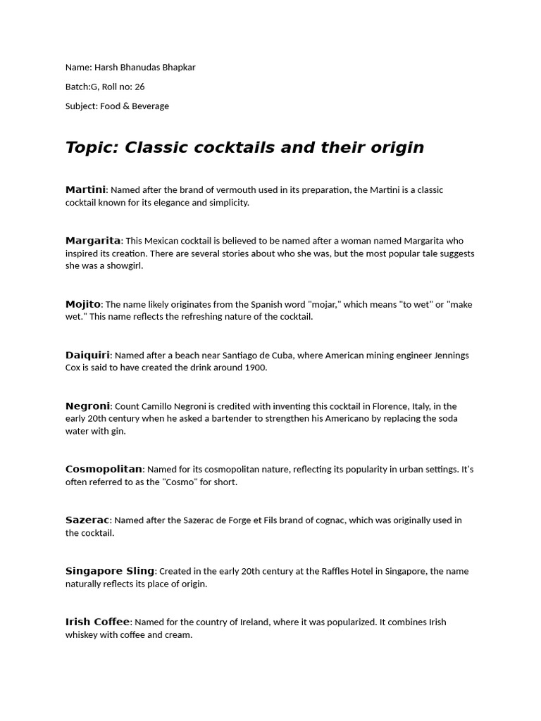 Topic: Classic Cocktails and Their Origin: Martini | PDF