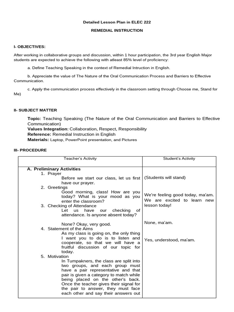 Detailed-Lp Teaching Speaking | PDF