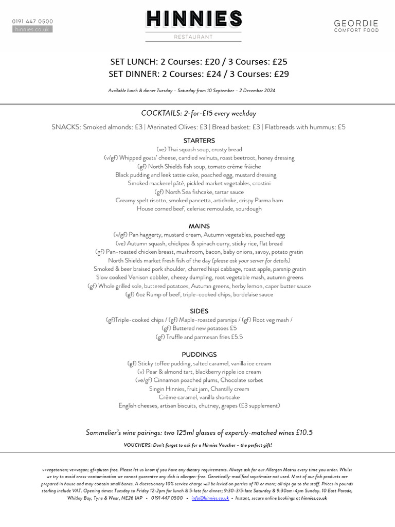 Hinnies Menu Autumn 2024 | PDF