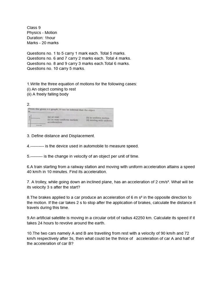 Class 9 physics motion Question paper | PDF