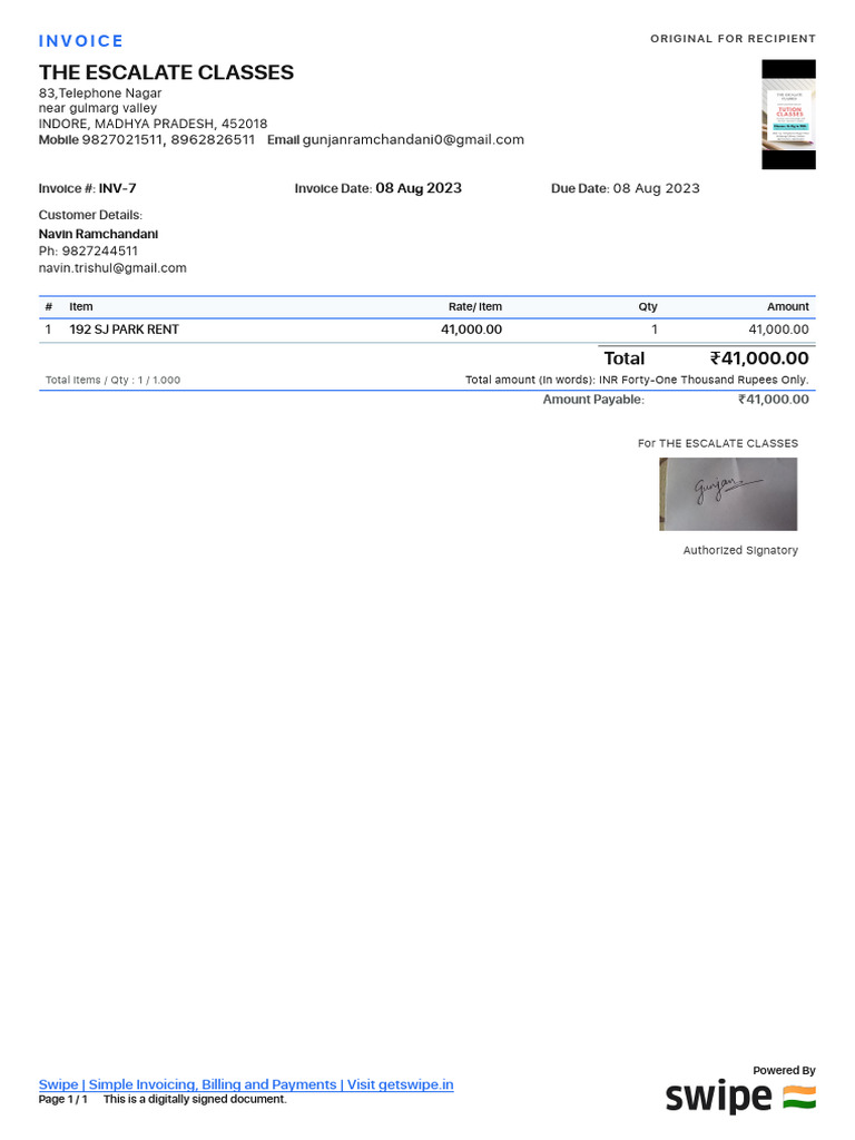 Invoice-THE ESCALATE CLASSES-INV-7 | PDF
