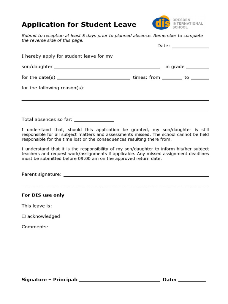 Application for Student Leave MYP DP | PDF