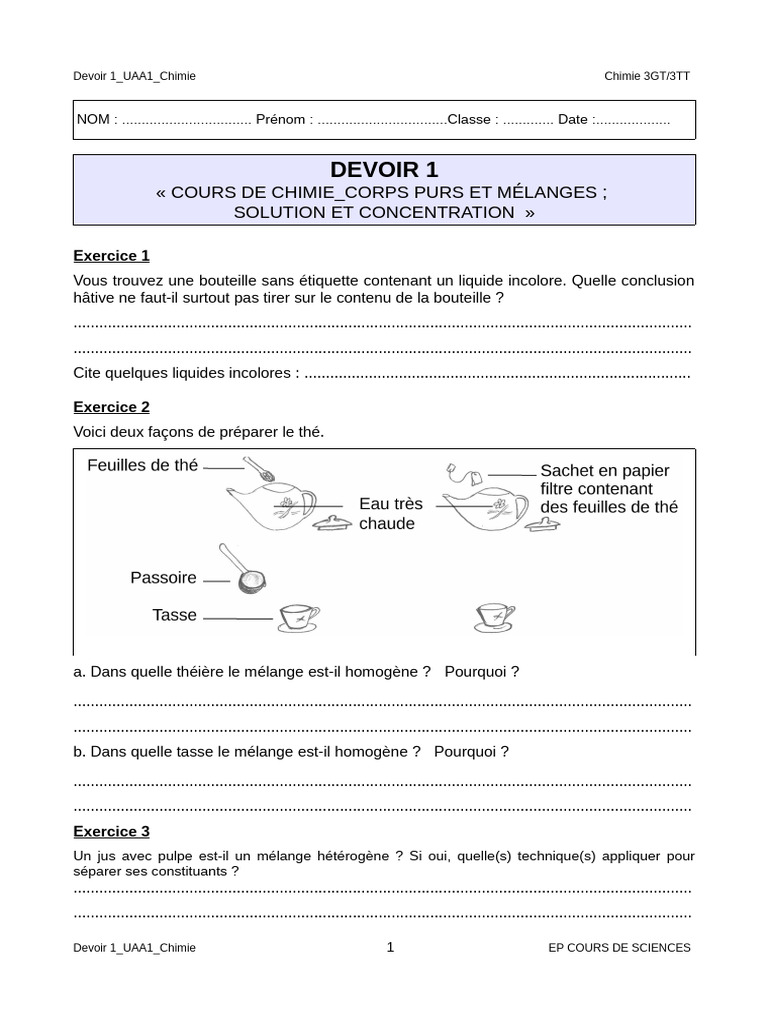 Devoir 1 - Chimie UAA1 - Corps Purs Et Mélanges-Solution Et ...