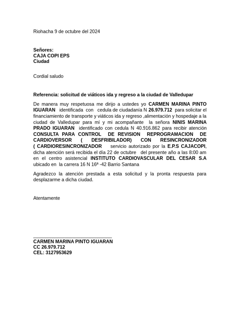 CARTA VIATICOS CAJA COPI - Docx 2 | PDF