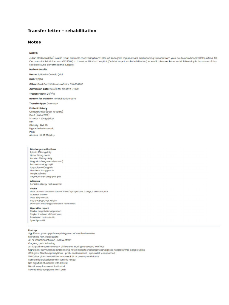 Transfer Letter - Rehabilitation | PDF