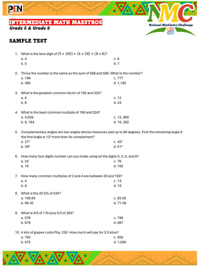 Grade 5-6 Intermediate Math Test | PDF | Arithmetic | Teaching Methods ...