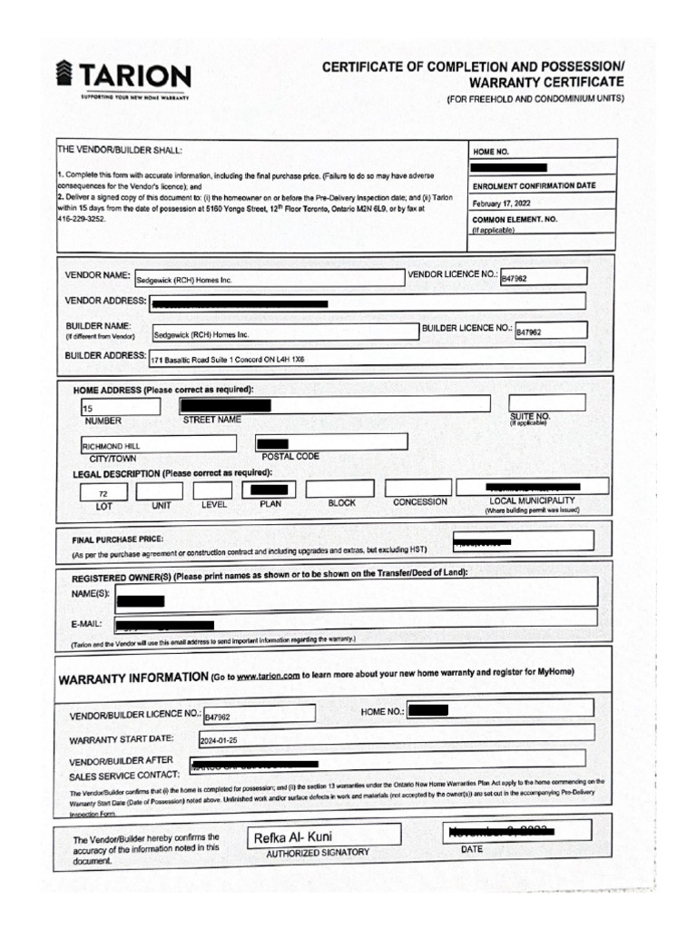 TARION Certificate Sample | PDF
