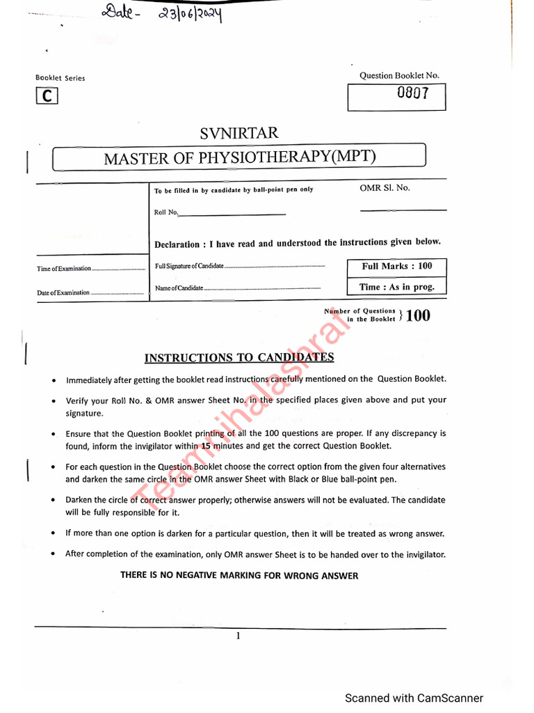 SVNIRTAR MPT Entrance Paper 2024 | PDF