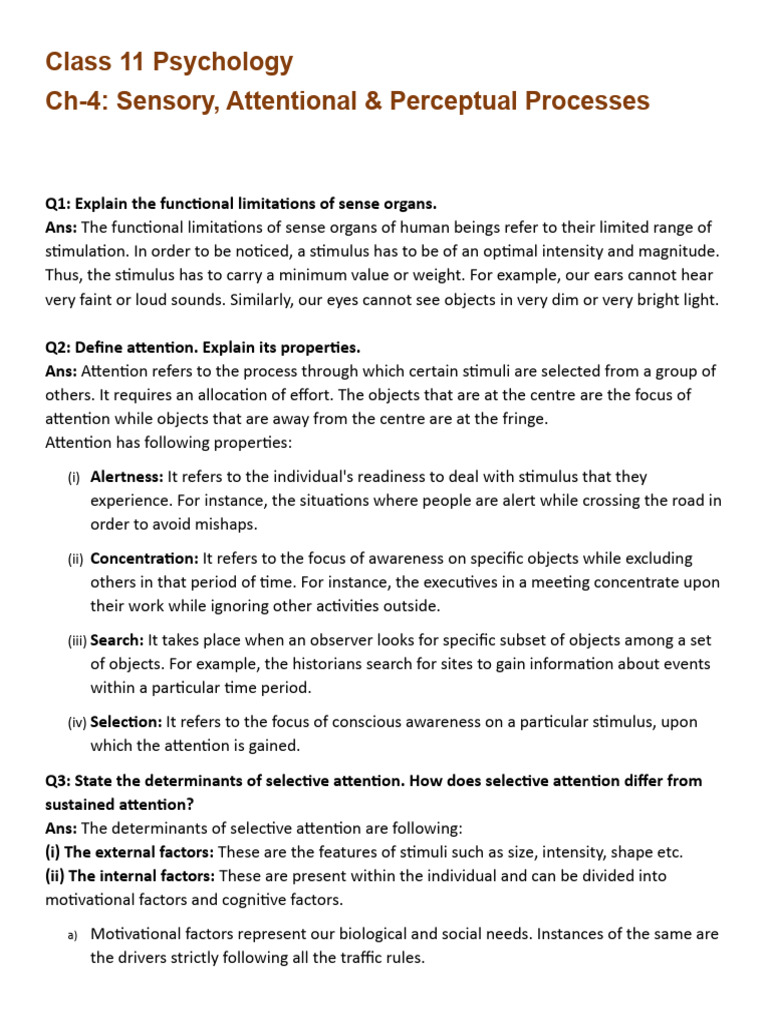 Class 11 Psychology Ch-4: Sensory, Attentional & Perceptual Processes | PDF