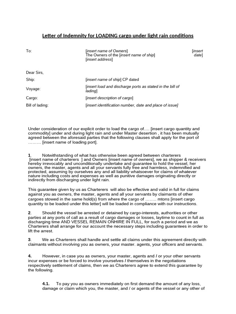 Letter of Indemnity For Loading Cargo Under Rain Conditions | PDF