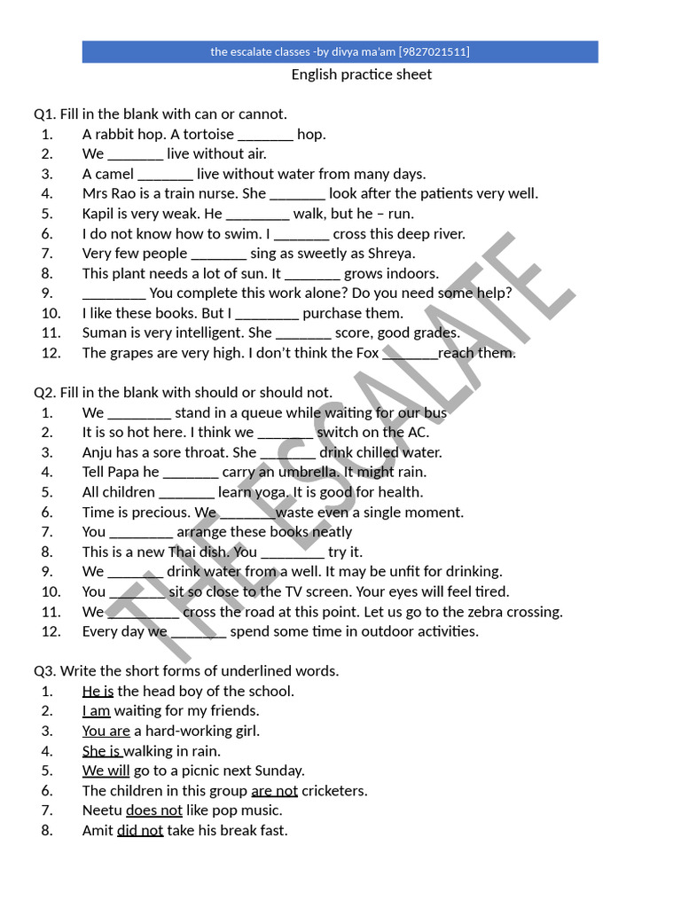 English Practice Sheet CLASS 3 | PDF