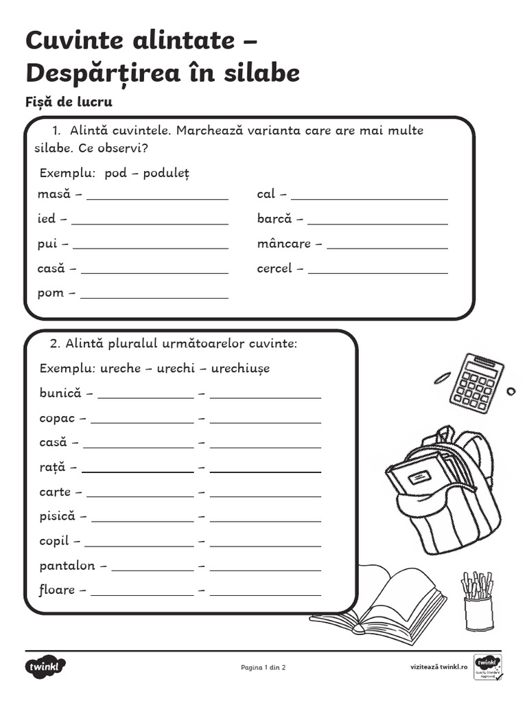 DLC 1714639940 Cuvinte Alintate Despartirea in Silabe Fisa de Lucru - Ver - 2 | PDF