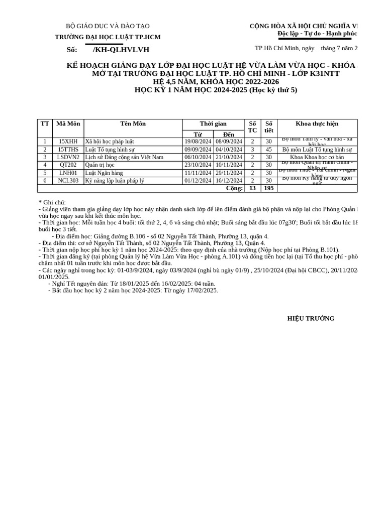 Lich Hoc Cac Lop VLVH Hoc Ky 1 Nam Hoc 2024-2025 | PDF
