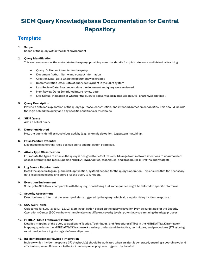 SIEM Query Knowledgebase Documentation For Central Repository | PDF