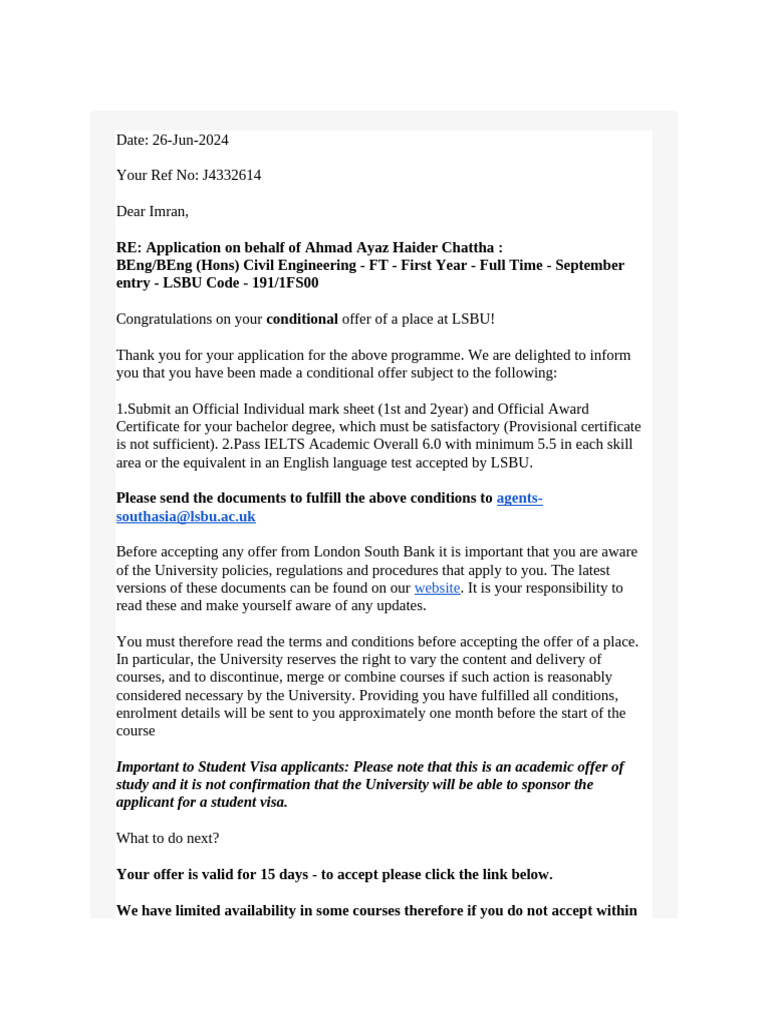 Ahmad Ayaz Haider Chattha Conditional Offer From LSBU | PDF