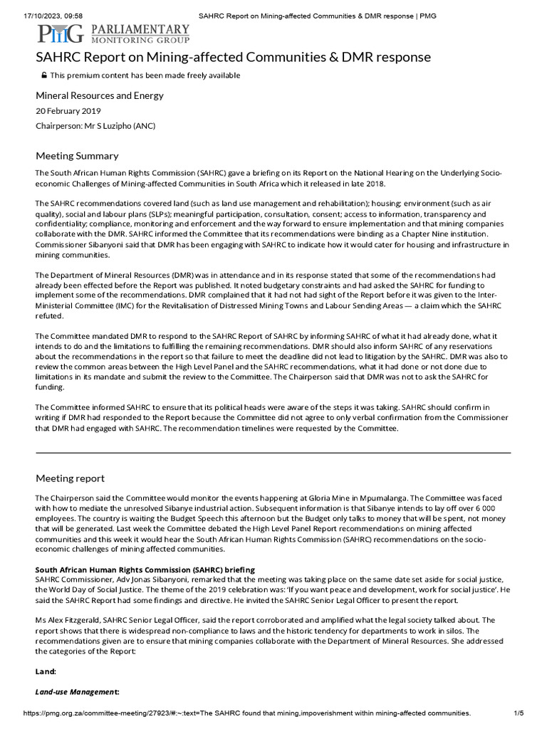 SAHRC Report On Mining Affected Communities DMR Response - PMG | PDF
