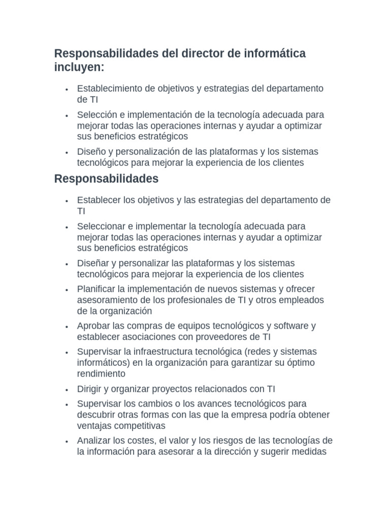 REVISADO Responsabilidades Del Director de Informática Incluyen | PDF