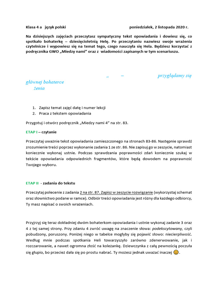 Klasa 4 A Jezyk Polski Material 9 Na Poniedzialek 2 Listopada Lekcja 34 | PDF