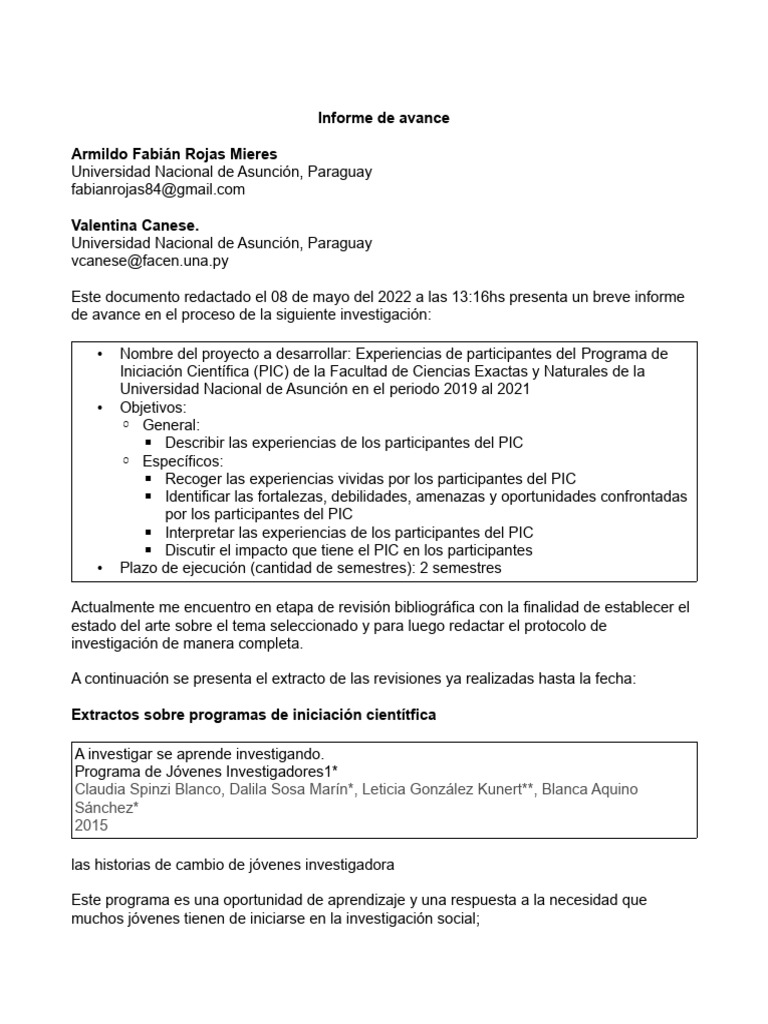 Informe de Avance PIC 2022 | PDF