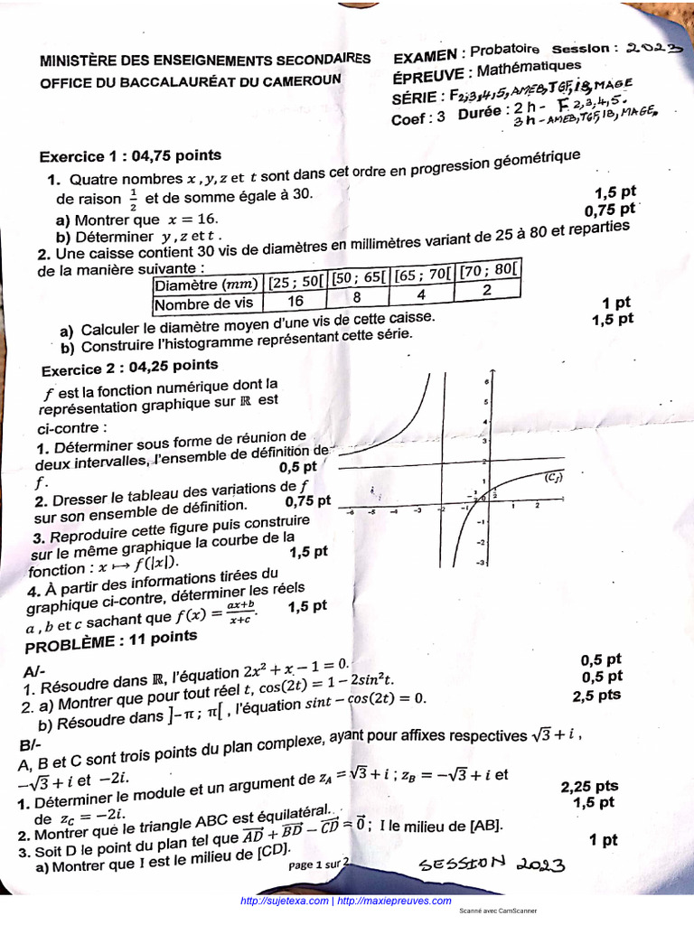 Epreuve Probatoire 2023 Mathematiques Serie f2 f3 f4 f5 Ameb TGF Mage Cameroun | PDF