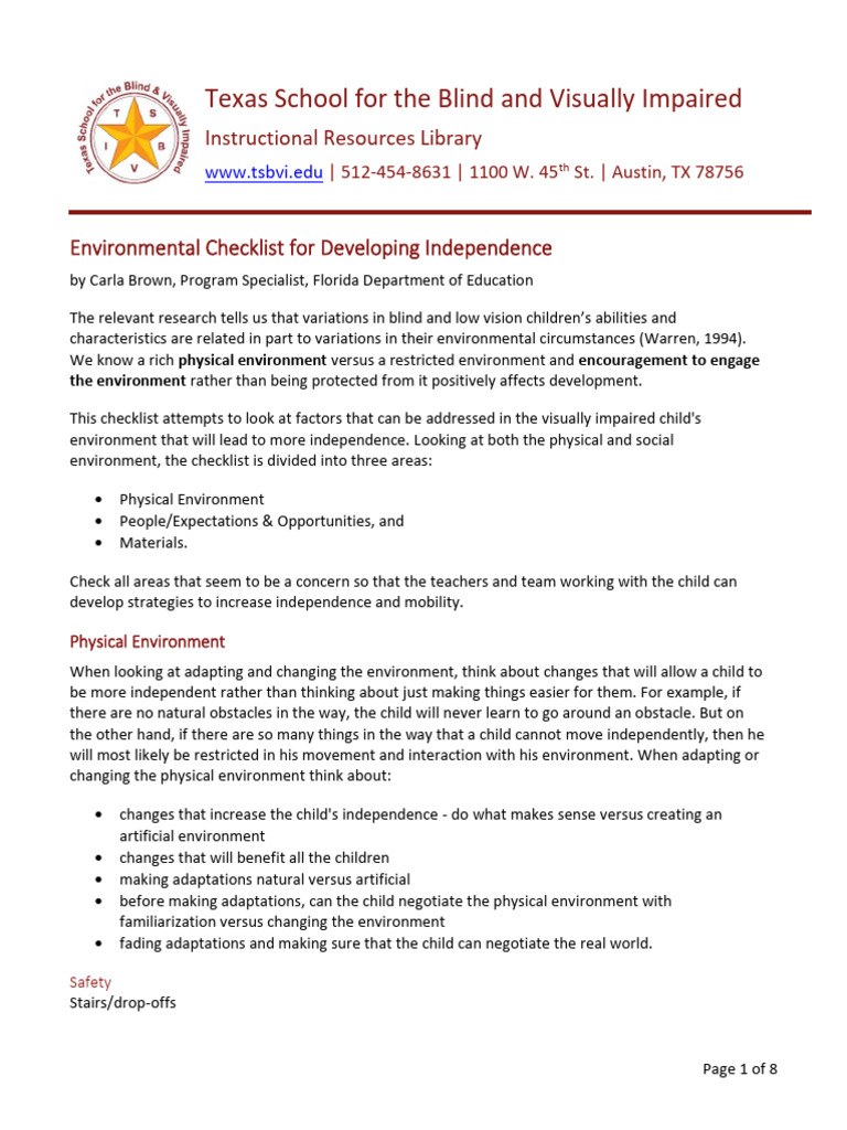 Environmental Checklist Developing Independence | PDF | Lighting ...