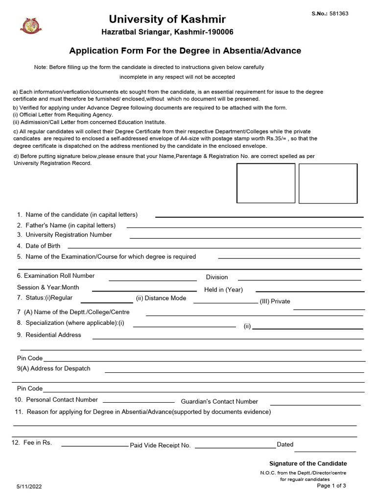 University of Kashmir: Application Form For The Degree in Absentia ...