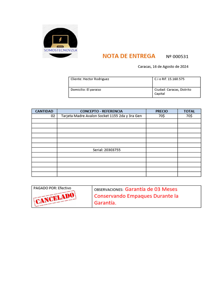 Nota de Entrega 531 Hector Rodriguez | PDF