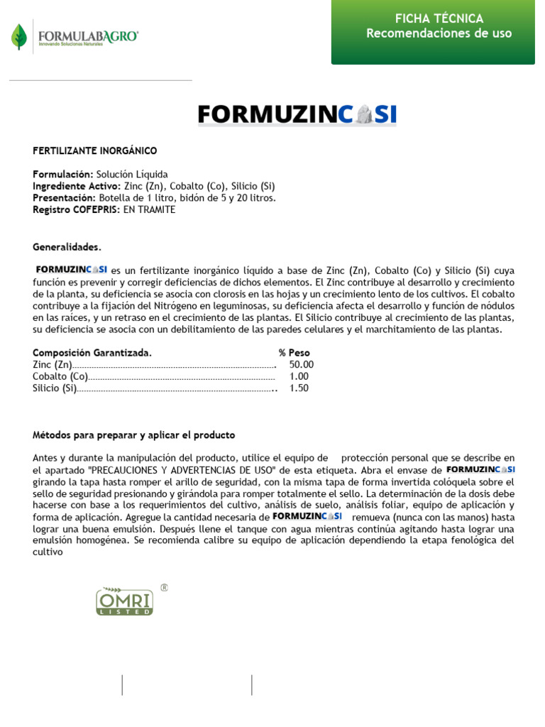 Fichas Técnica Formuzincosi | PDF
