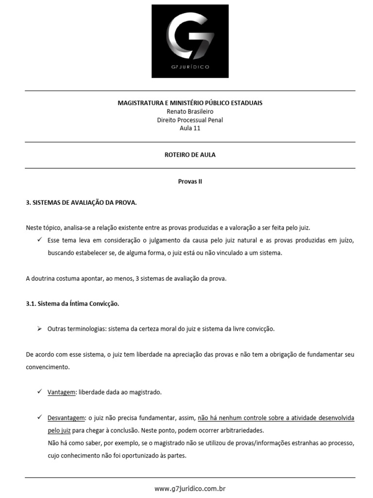 Roteiro de Aula - MP e Mag - D. Processual Penal - Renato Brasileiro - Aula 11 | PDF