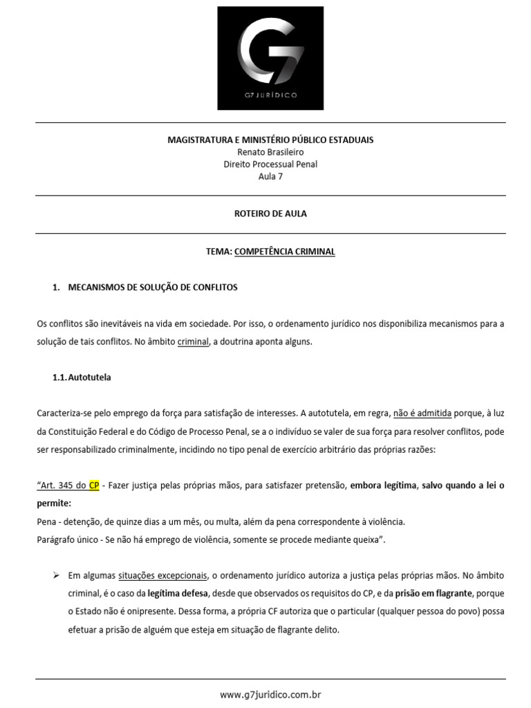 Roteiro de Aula - MP e Mag - D. P. Penal - Renato Brasileiro - Aula 7 | PDF