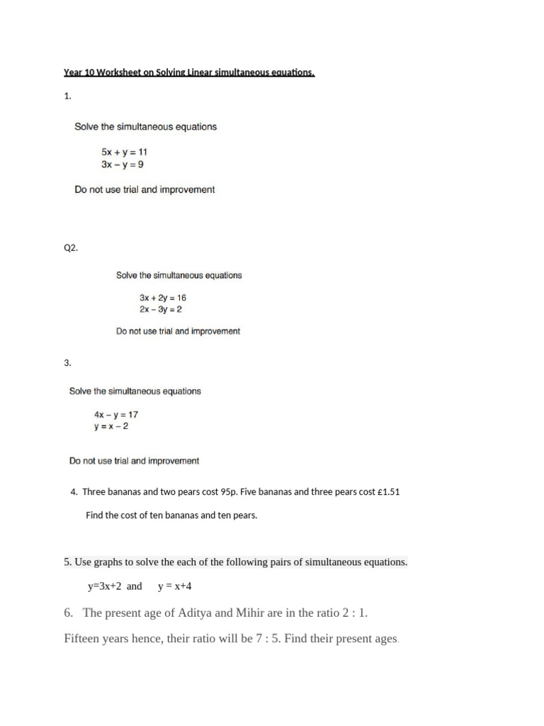 Year 10 Worksheet On Solving Linear Simultaneous Equations. | PDF