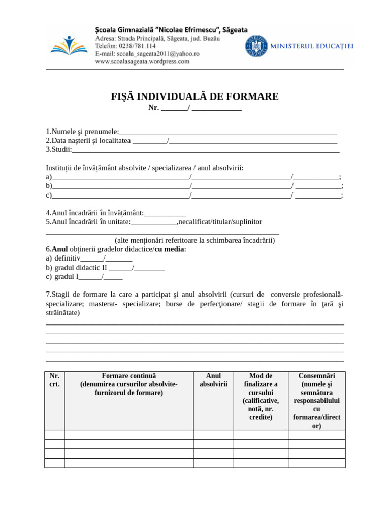 Fisa de Formare Didactica | PDF