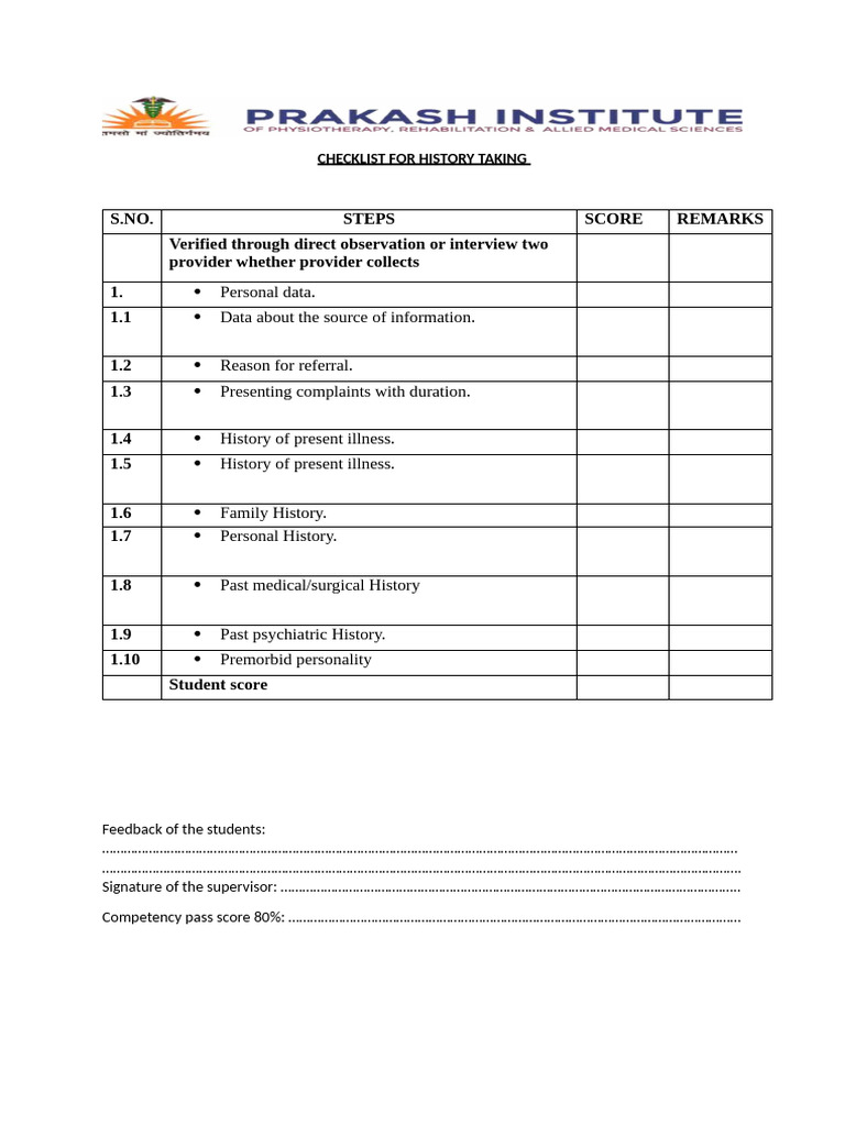 Checklist For History Taking | PDF
