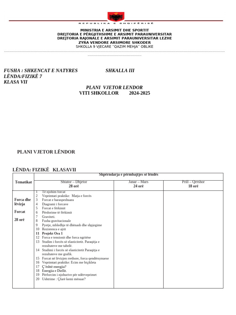PLANI Fizika 7 Viti 2022 Erik (1) | PDF