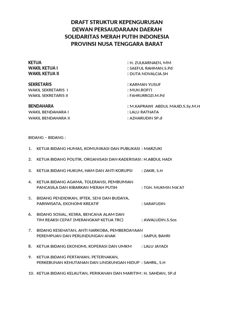 Draft Struktur Kepengurusan DPW Provinsi NTB | PDF