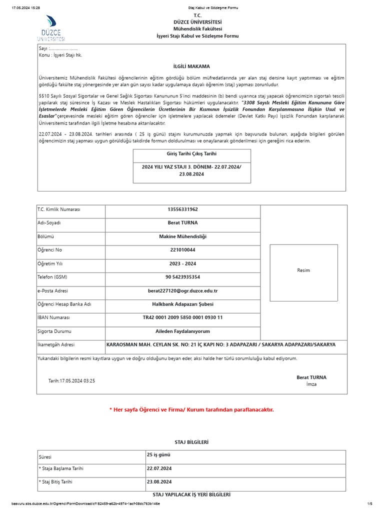 Staj Kabul Ve Sözleşme Formu Berat Turna | PDF
