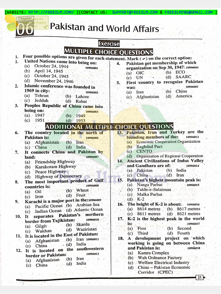 10 Pak Study CH 6 MCQS Only | PDF