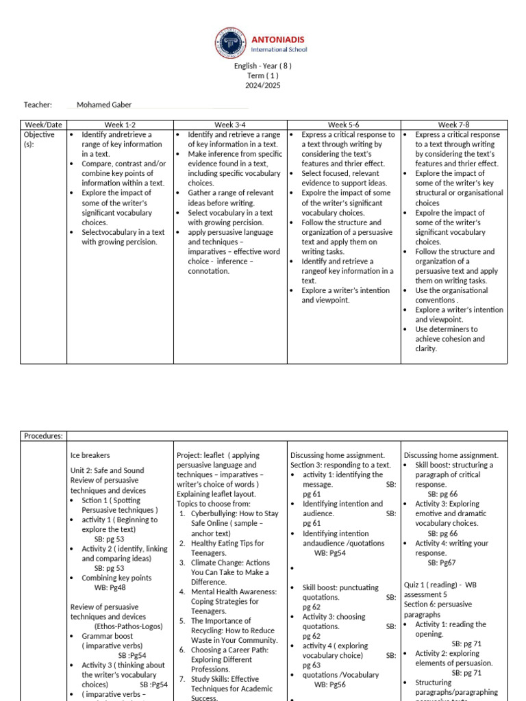 Y8 - Term 1 Plan | PDF