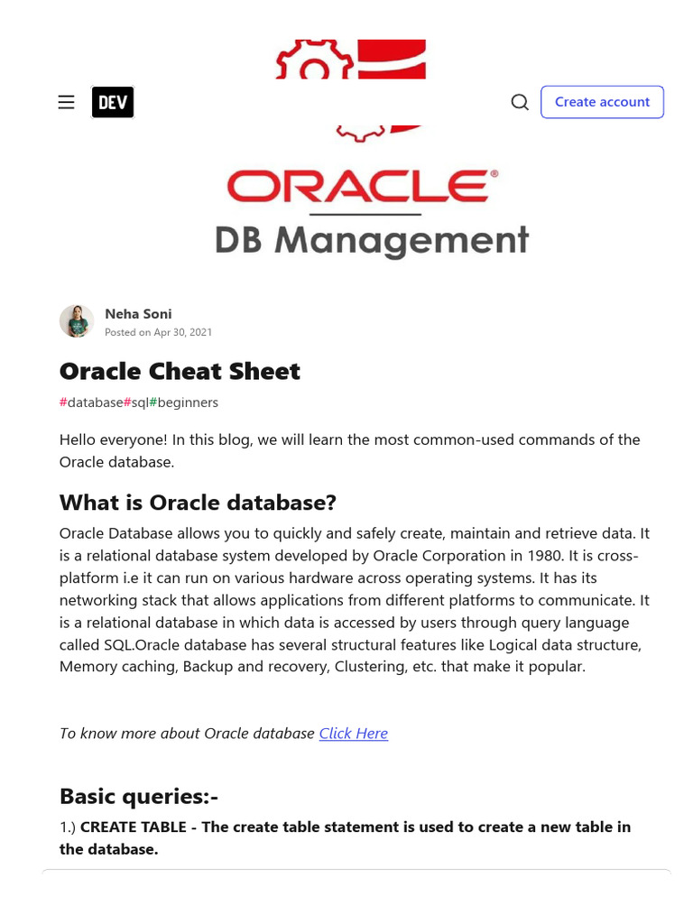 Dev To Nehasoni Oracle Cheat Sheet 5fg7 | PDF