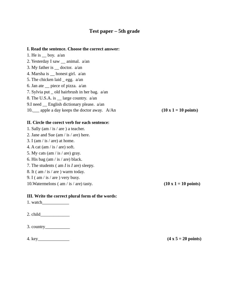 0 Test Paper 5th Grade | PDF