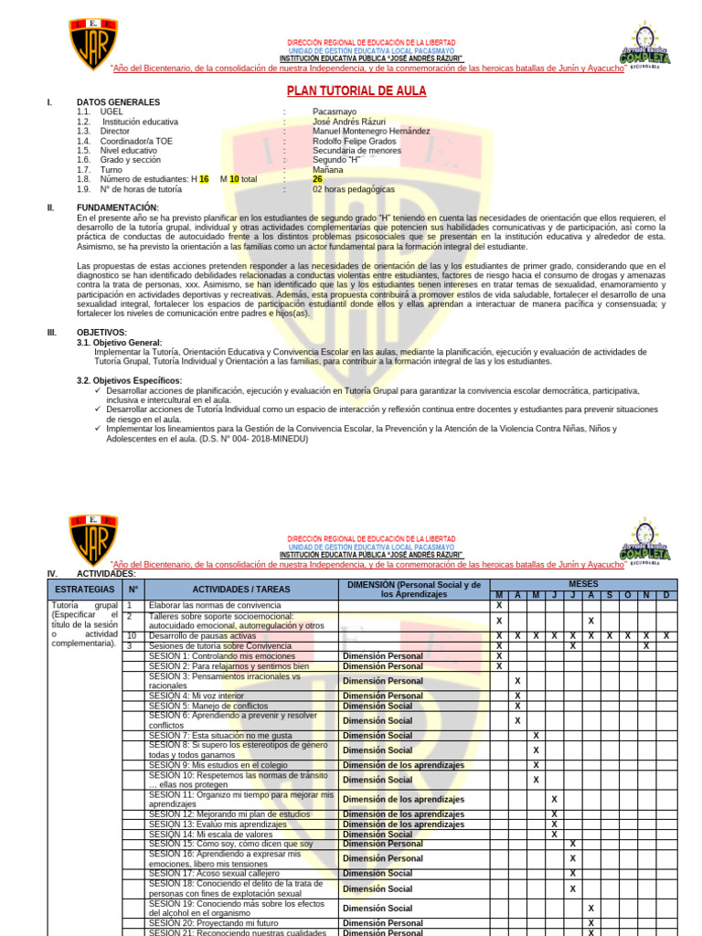 Plan Tutorial de Aula 2do H - 2024 | PDF | Salón de clases ...